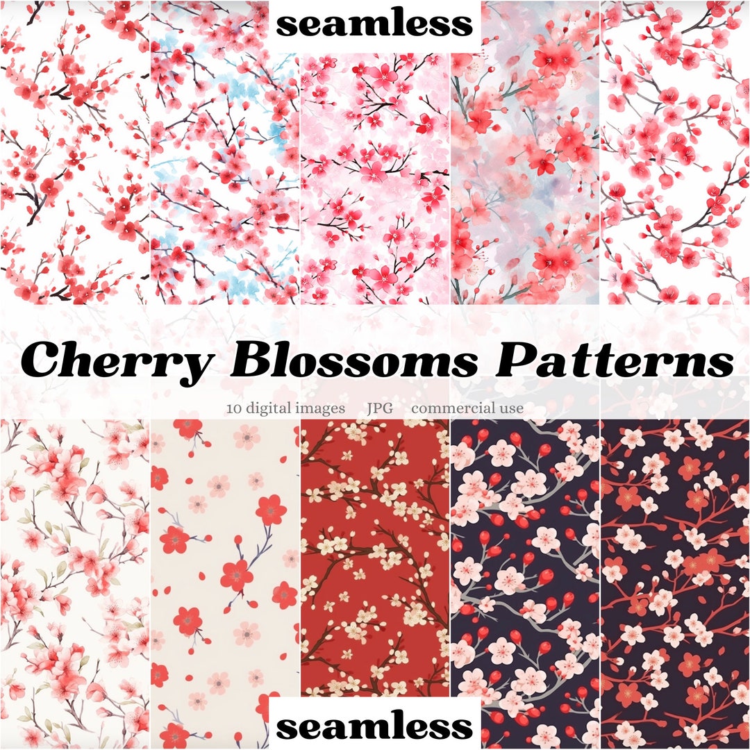Red Cherry Blossoms Seamless Patterns Tile Textures Digital Paper ...