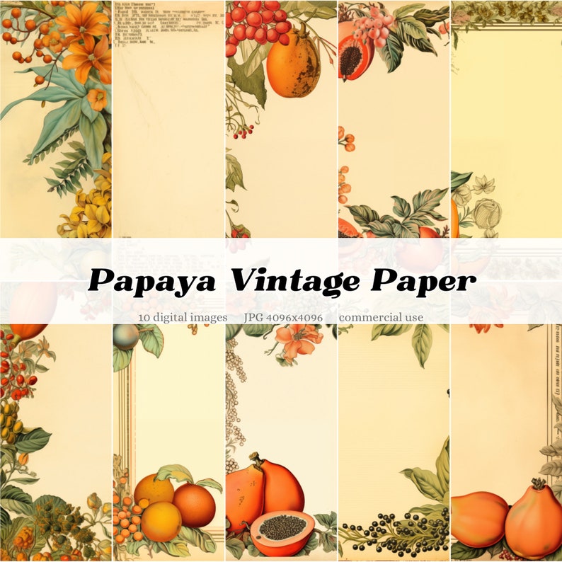 Papaya Vintage Paper Mix Fruit Overlay Clipart Simple Gentle Leaves Old ...