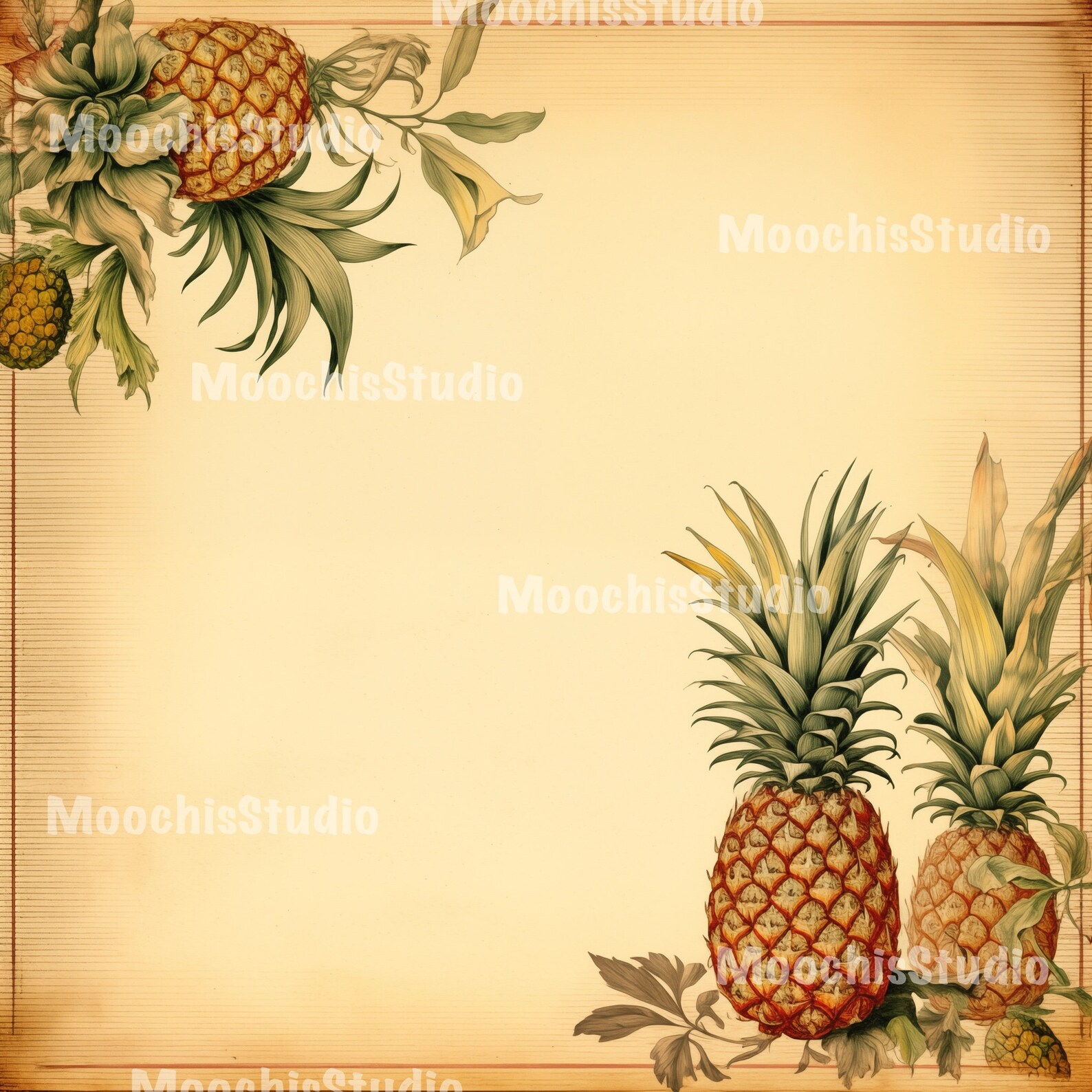 Pineapple Vintage Paper Mix Fruit Overlay Clipart Simple Gentle Leaves ...