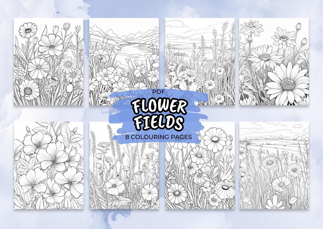 Flower Fields Coloring Book Floral Summer Day Plants Nature Digital ...