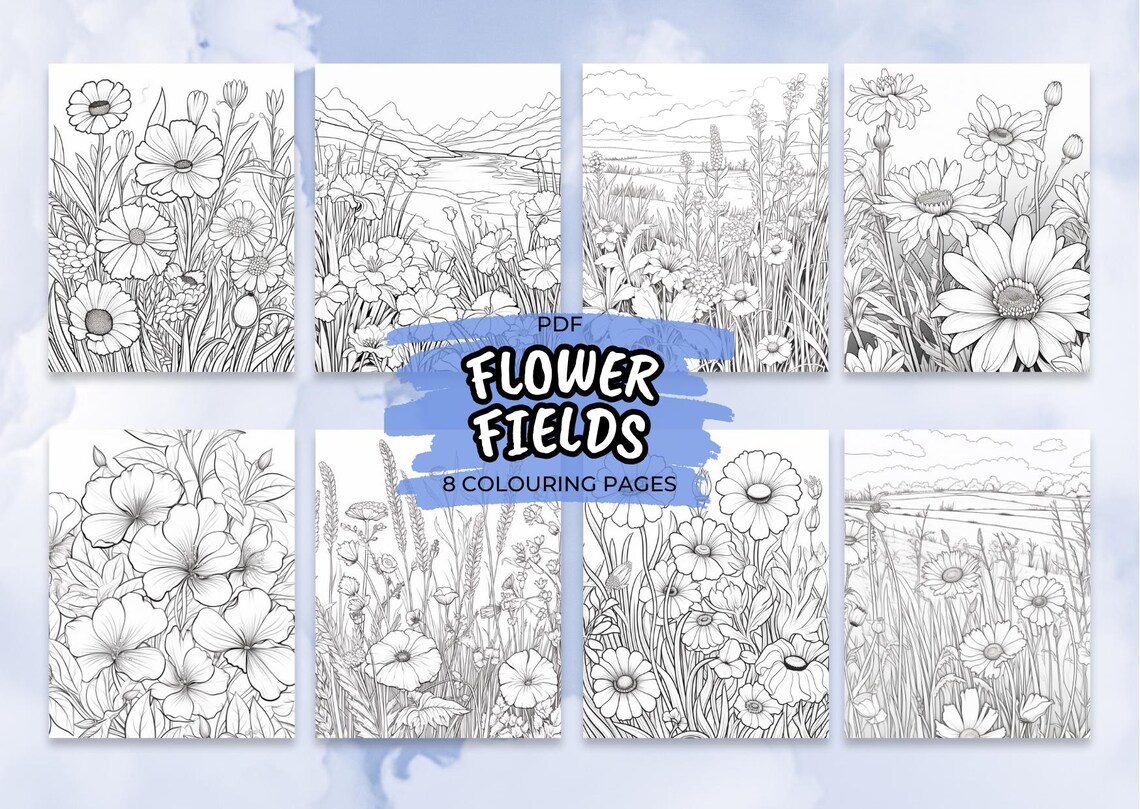 Flower Fields Coloring Book Floral Summer Day Plants Nature Digital ...