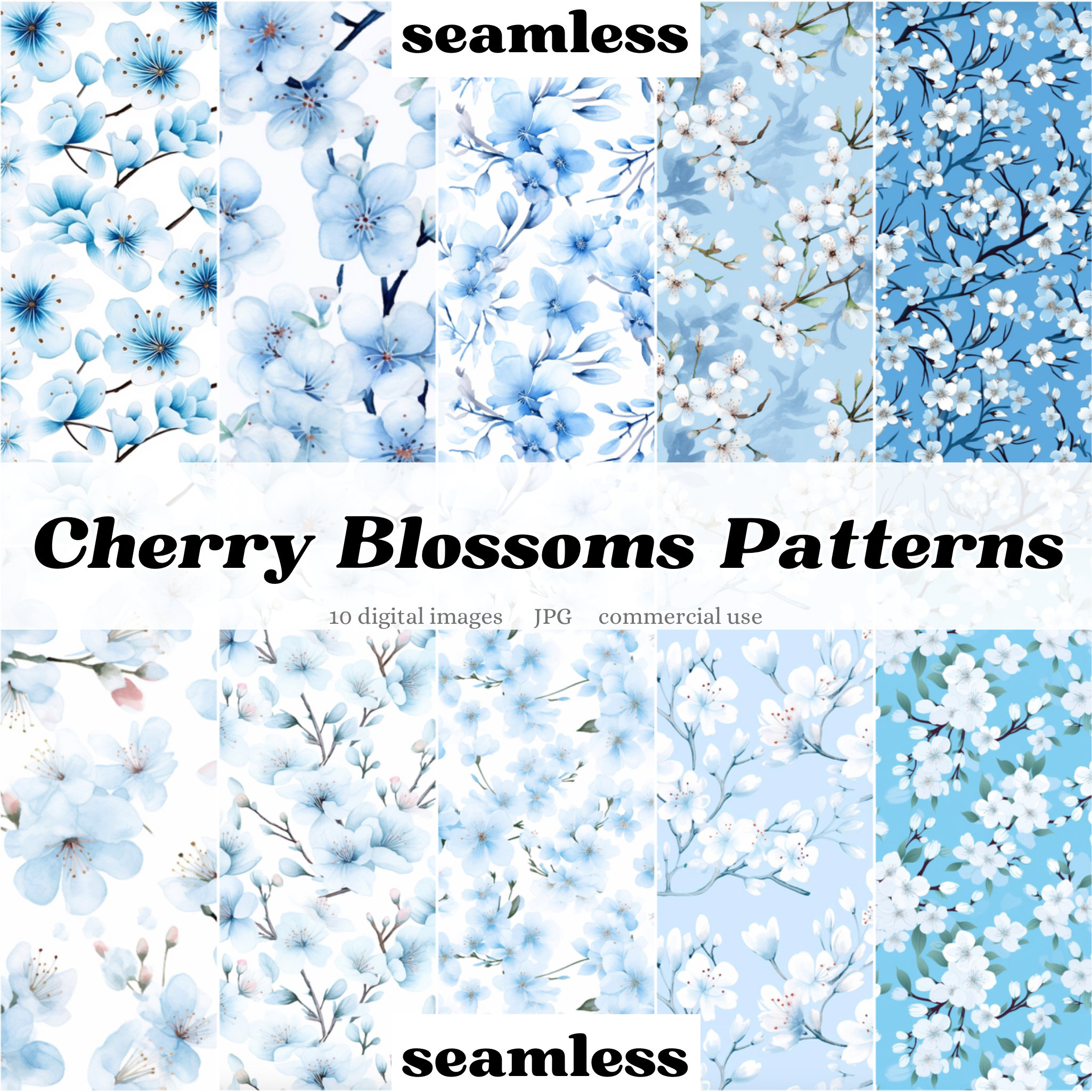 Blue Cherry Blossoms Seamless Patterns Tile Sakura Background Textures ...