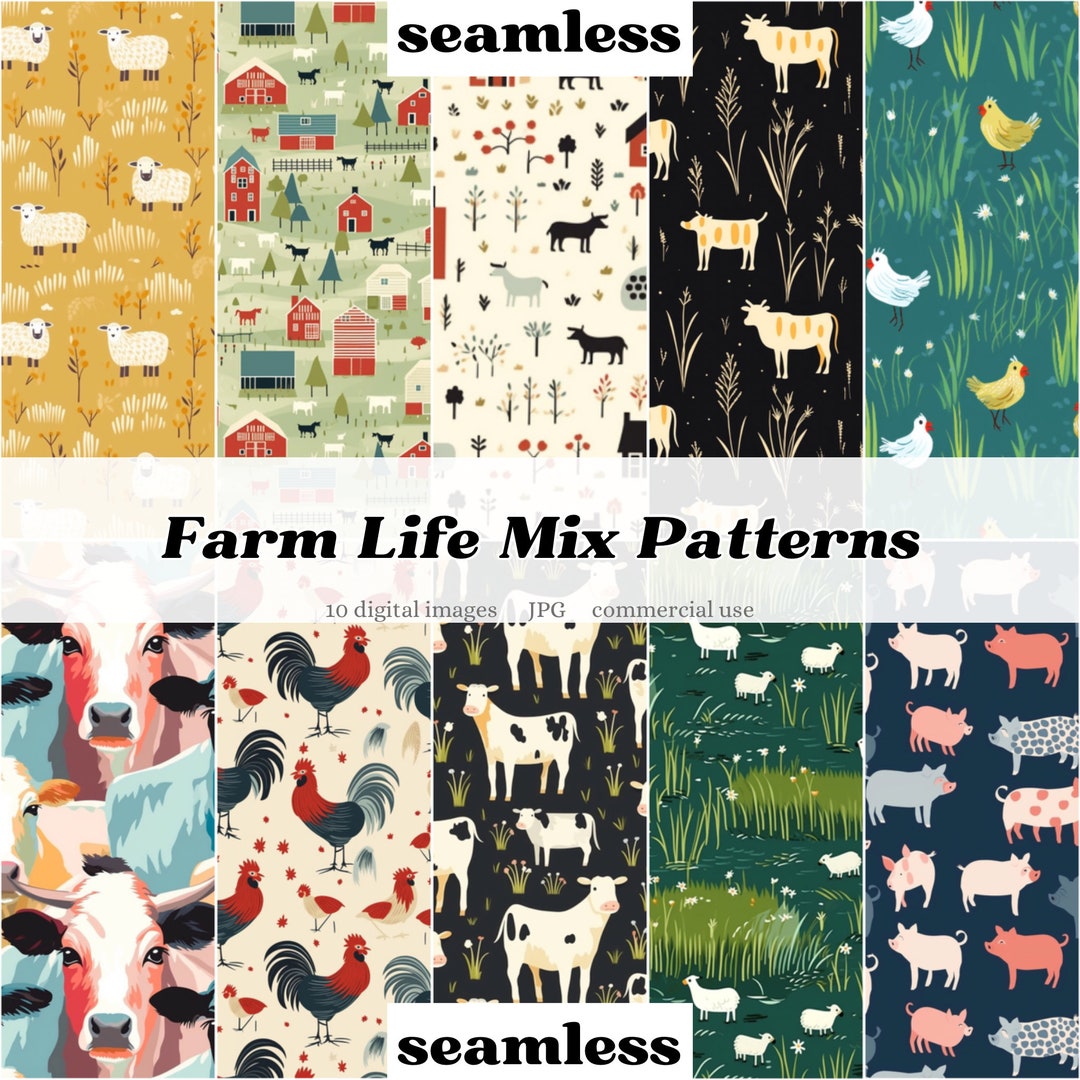 Farm Animals Mix Patterns Bundle Pigs Cows Sheep Chicken Seamless ...