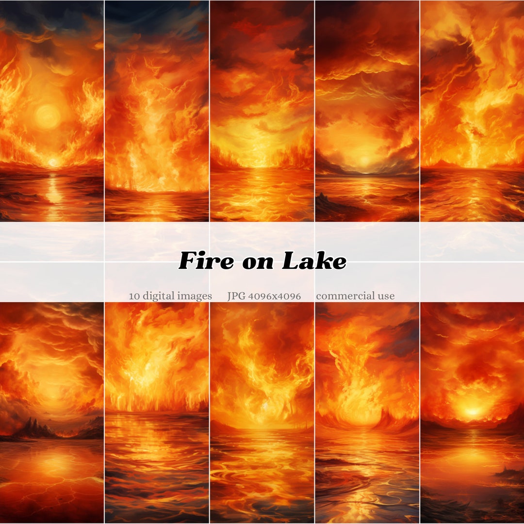 Fire on Lake Scenery Digital Paper Overlay Clipart Background Woods ...