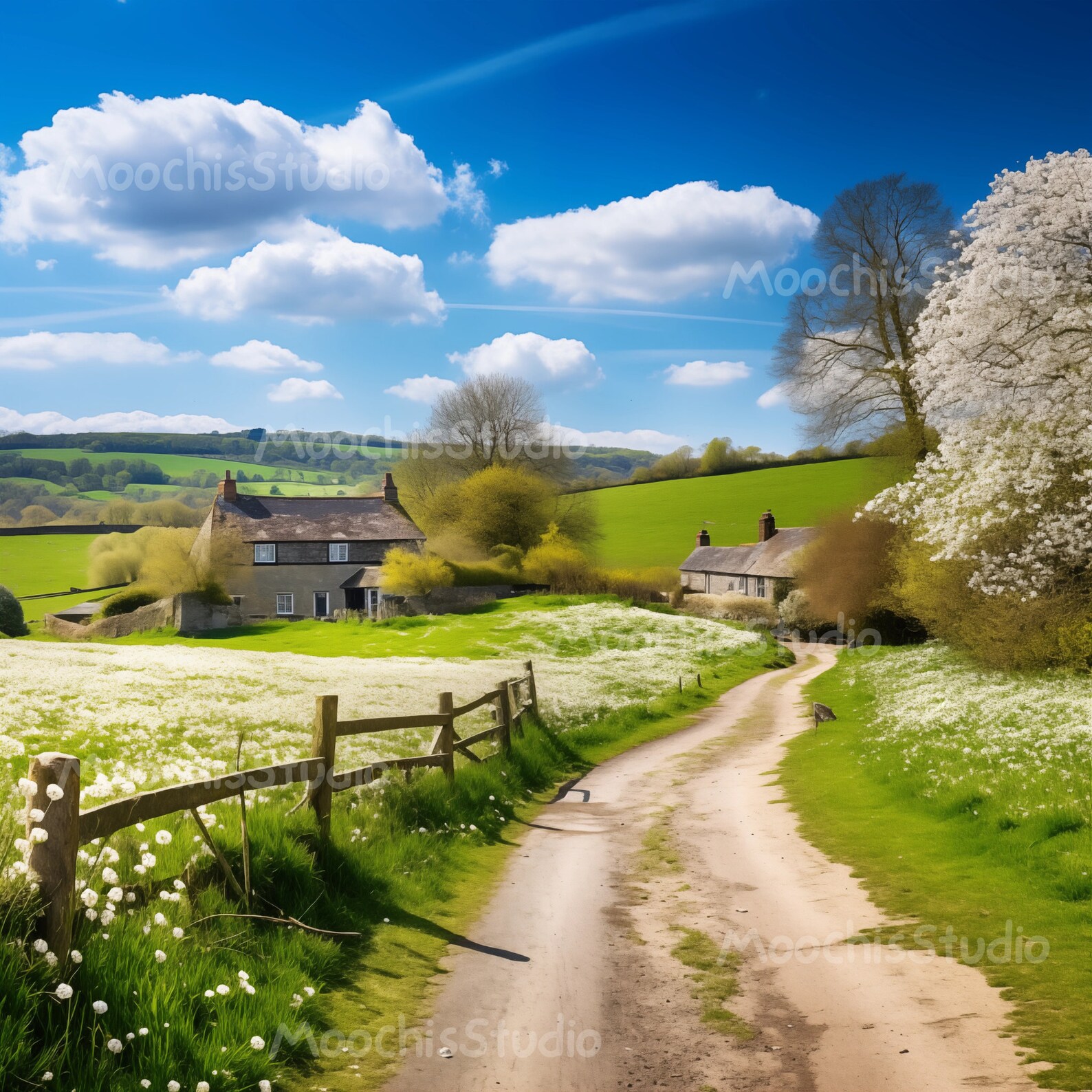 English Countryside in Spring Digital Art Small Town Seasons Weather ...