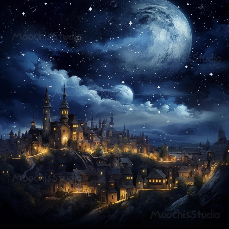 Moon Town at Night Digital Paper Overlay Moonlight Background Stars ...