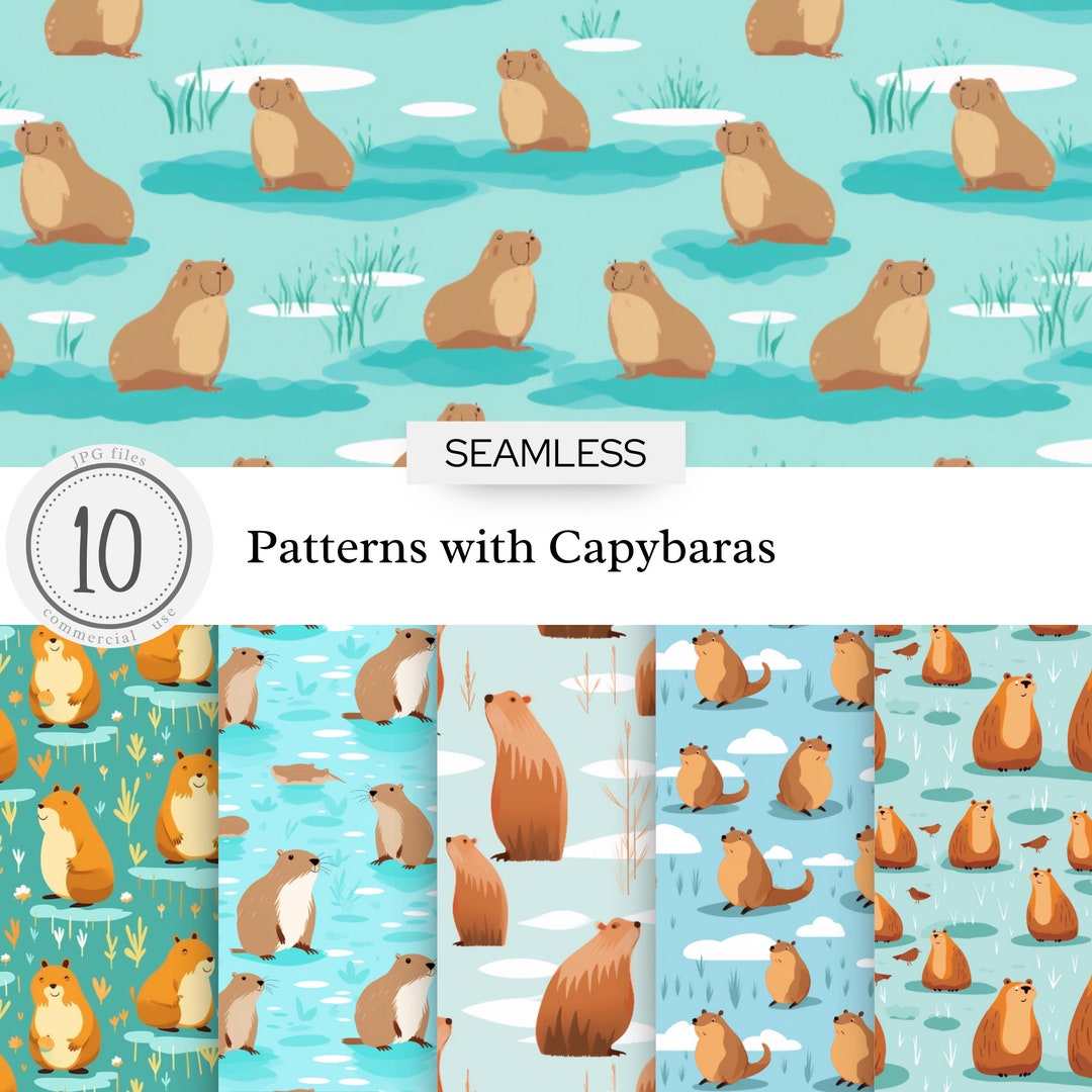 Capybaras Seamless Patterns Water Grass Digital Print Clipart Overlay Textures Scrapbook Journal ...