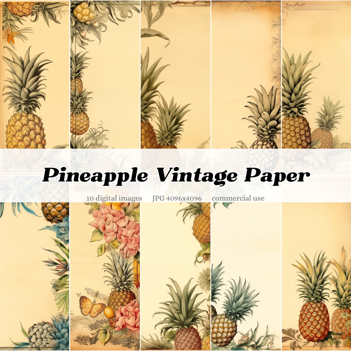 Pineapple Vintage Paper Mix Fruit Overlay Clipart Simple Gentle Leaves ...