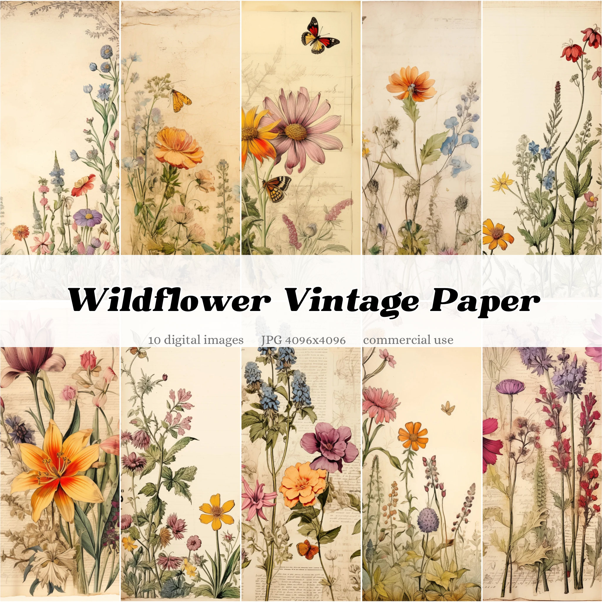Wildflowers Vintage Paper Old Textures Digital Paper Overlay Background ...