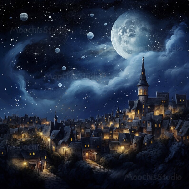 Moon Town at Night Digital Paper Overlay Moonlight Background Stars ...