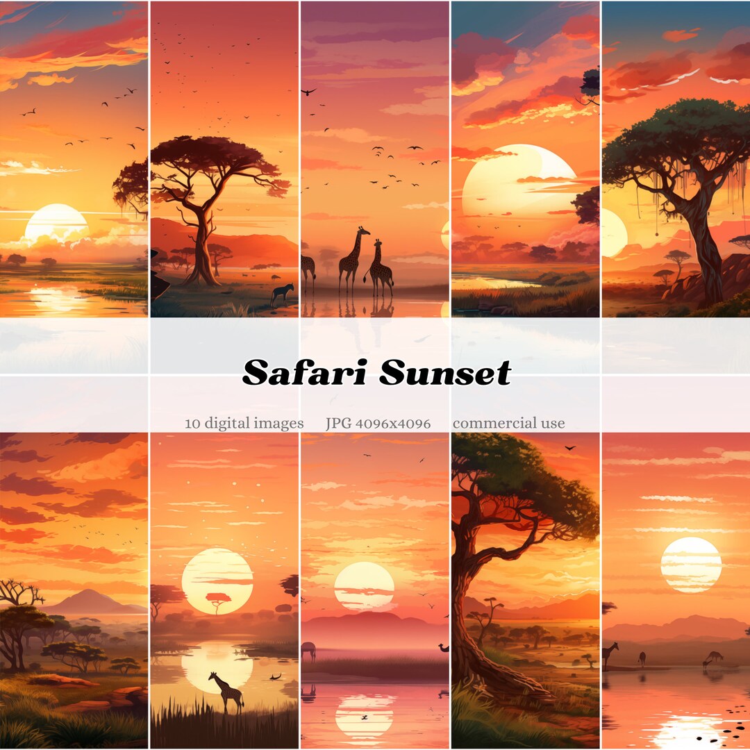Safari Sunset Dusk Scenery Digital Paper Overlay Clipart Background Sunrise Dawn Oasis Trees ...