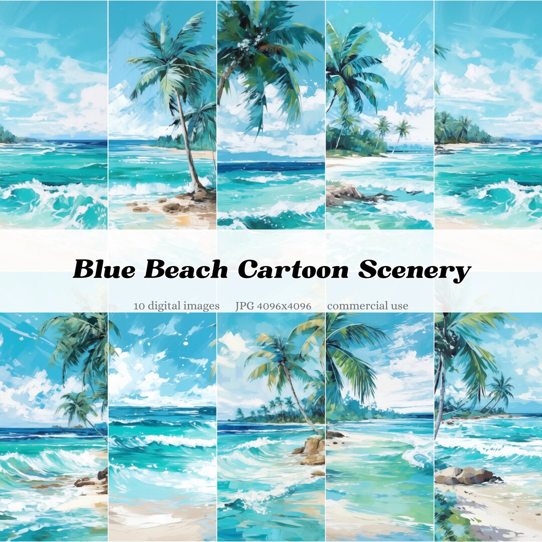 Blue Beach Scenery Cartoon Art Digital Wallpaper Background Tropical ...