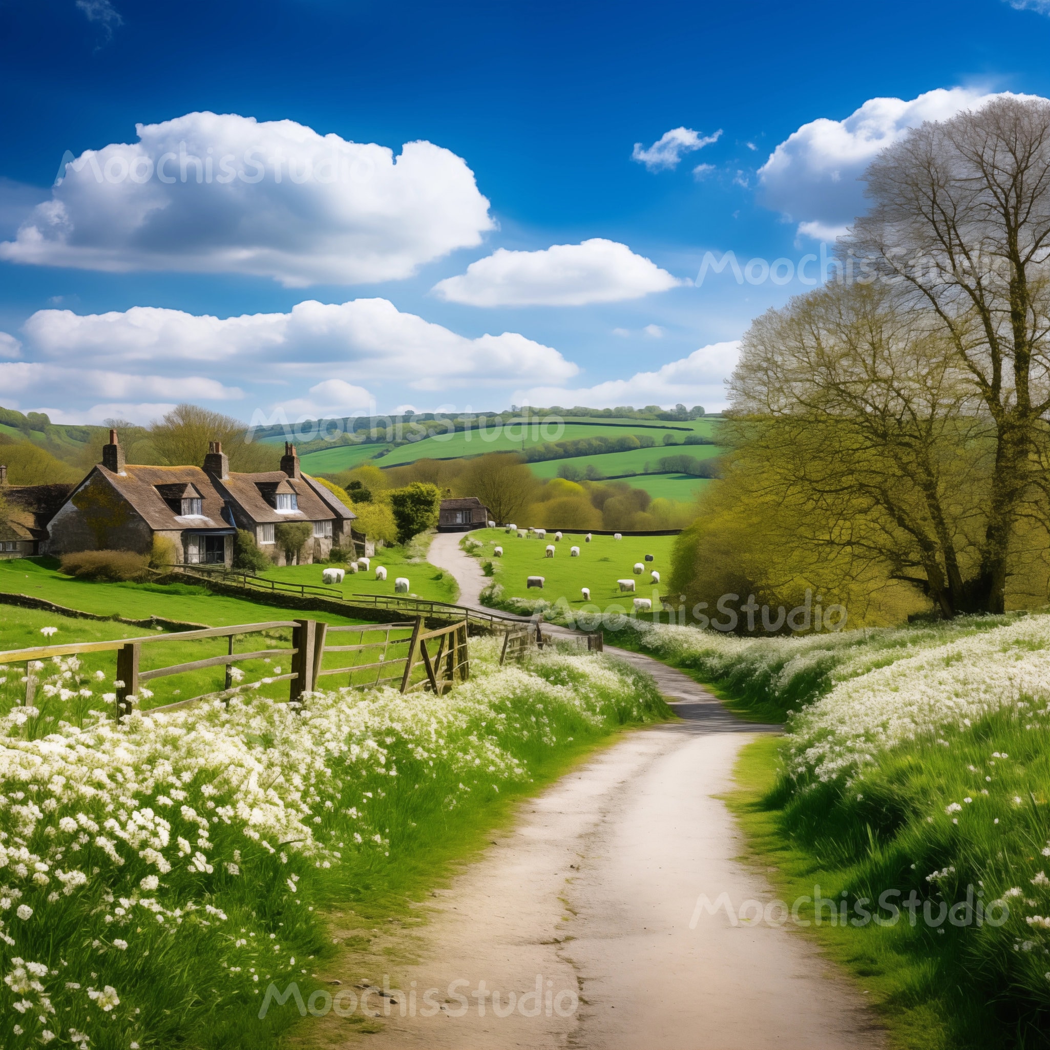 English Countryside in Spring Digital Art Small Town Seasons Weather ...