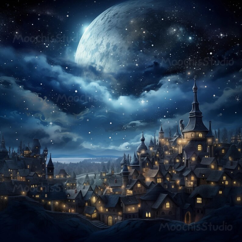 Moon Town at Night Digital Paper Overlay Moonlight Background Stars ...