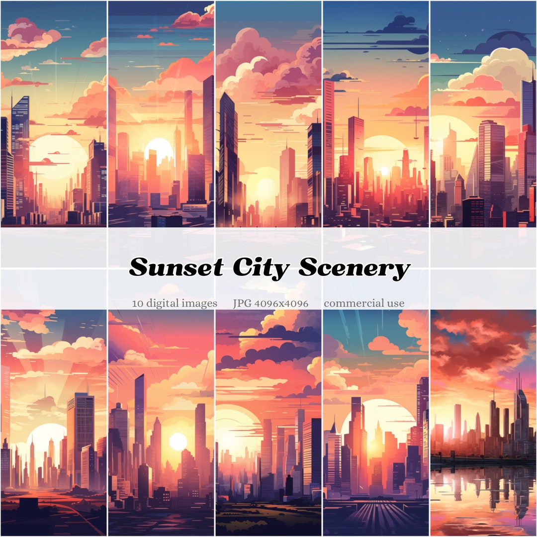 Sunset Cartoon City Scenery Digital Paper Overlay Background Park ...