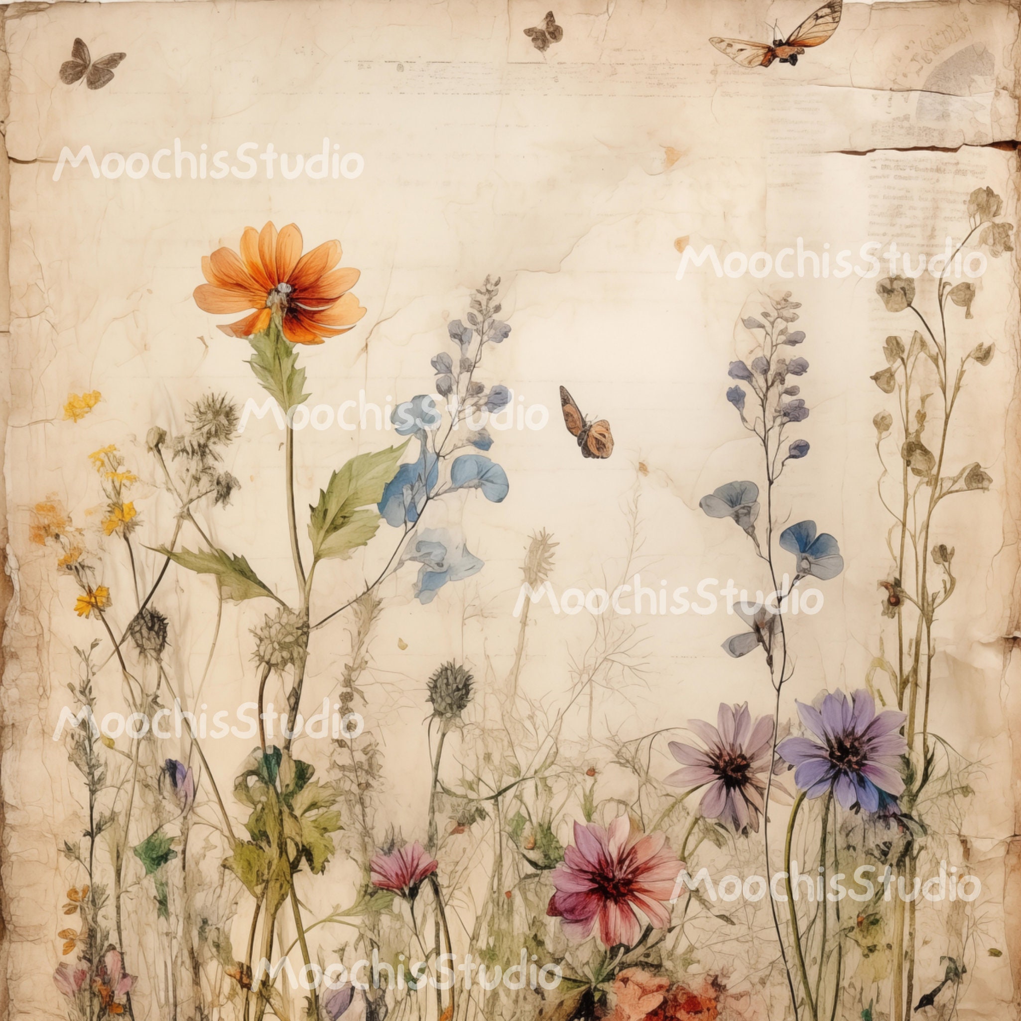 Wildflowers Old Vintage Paper Textures Digital Paper Overlay Background ...