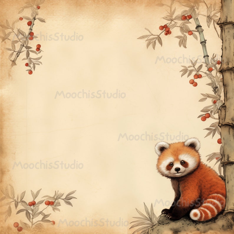 Red Pandas Old Vintage Papers Mountains Bamboo Tree Digital Printable ...