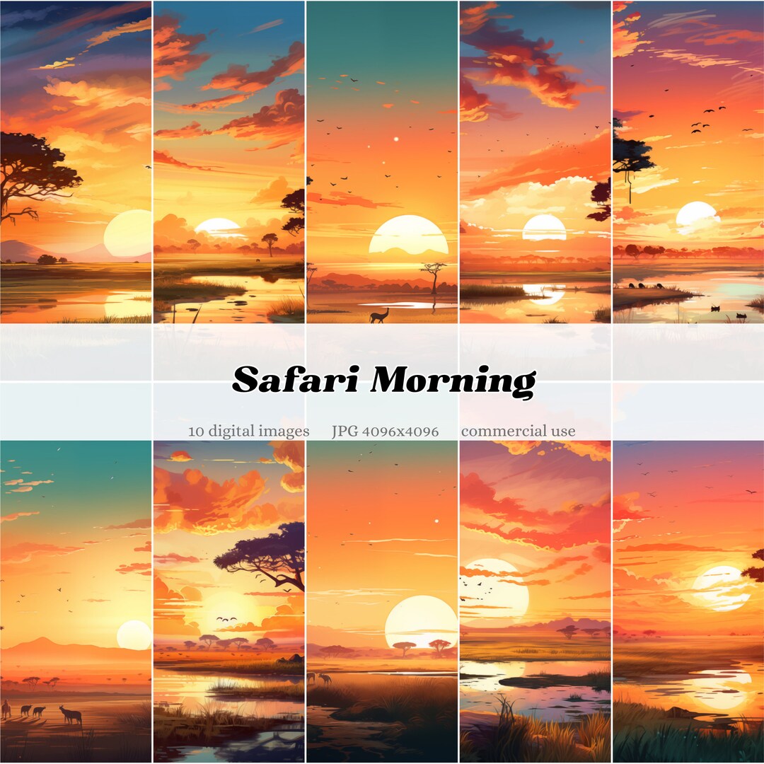 Safari Morning Dawn Scenery Digital Paper Overlay Clipart Background Sunrise Sunset Oasis Trees ...