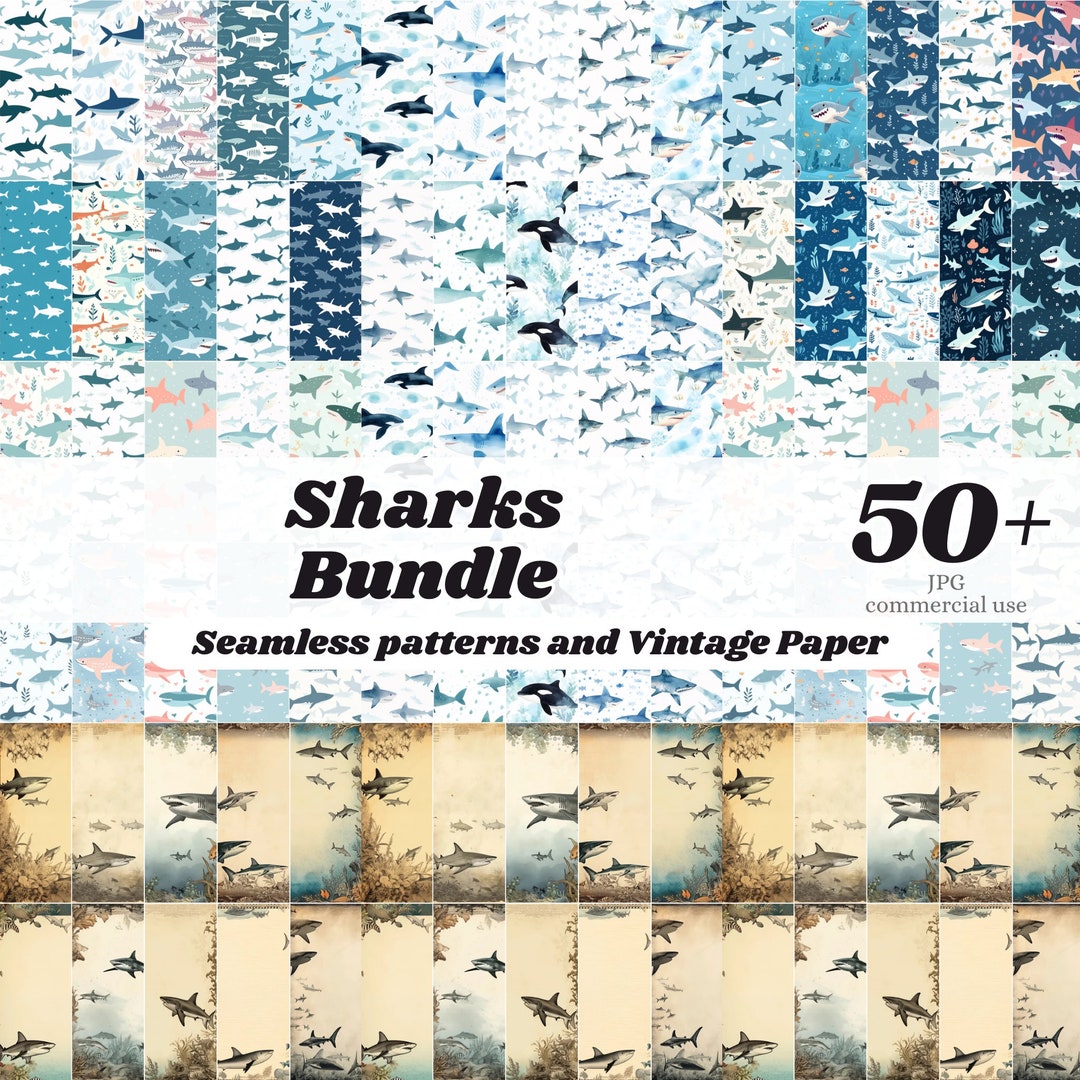 50 Sharks Seamless Patterns and Old Vintage Papers Full Bundle Simple ...