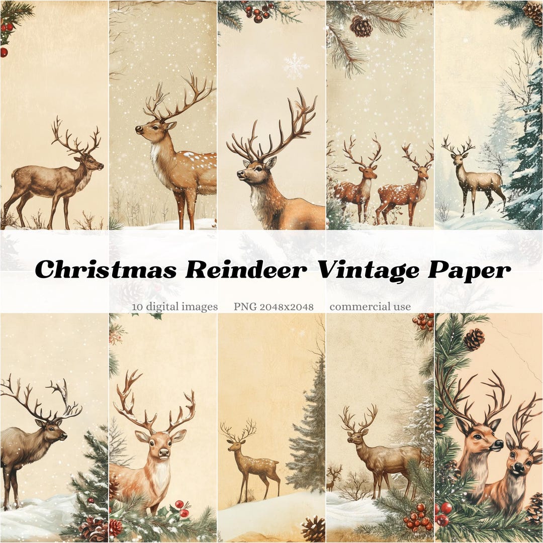 Christmas Reindeer Rudolph Vintage Paper Old Textures Digital Paper ...