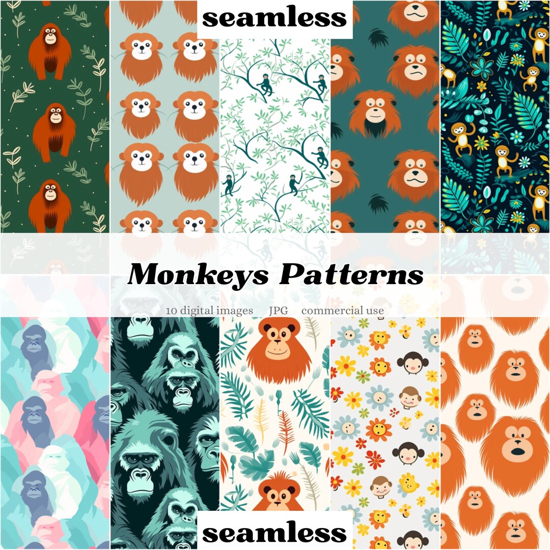 Monkeys Patterns Bundle Apes Gorillas Orangutang Seamless Digital Print ...