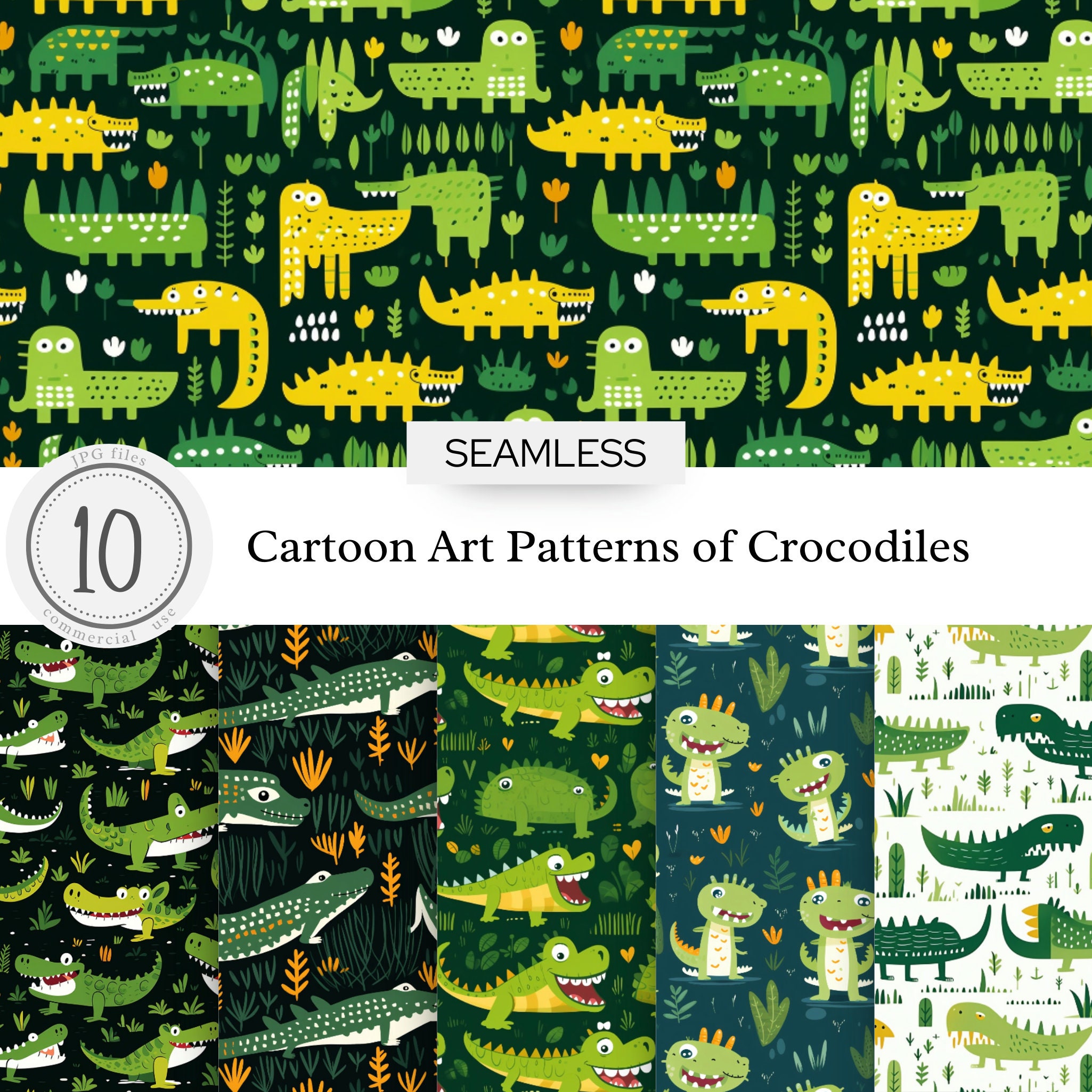 Crocodiles Cartoon Seamless Patterns Bundle Alligator Digital Print ...
