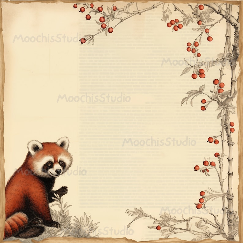 Red Pandas Old Vintage Papers Mountains Bamboo Tree Digital Printable ...