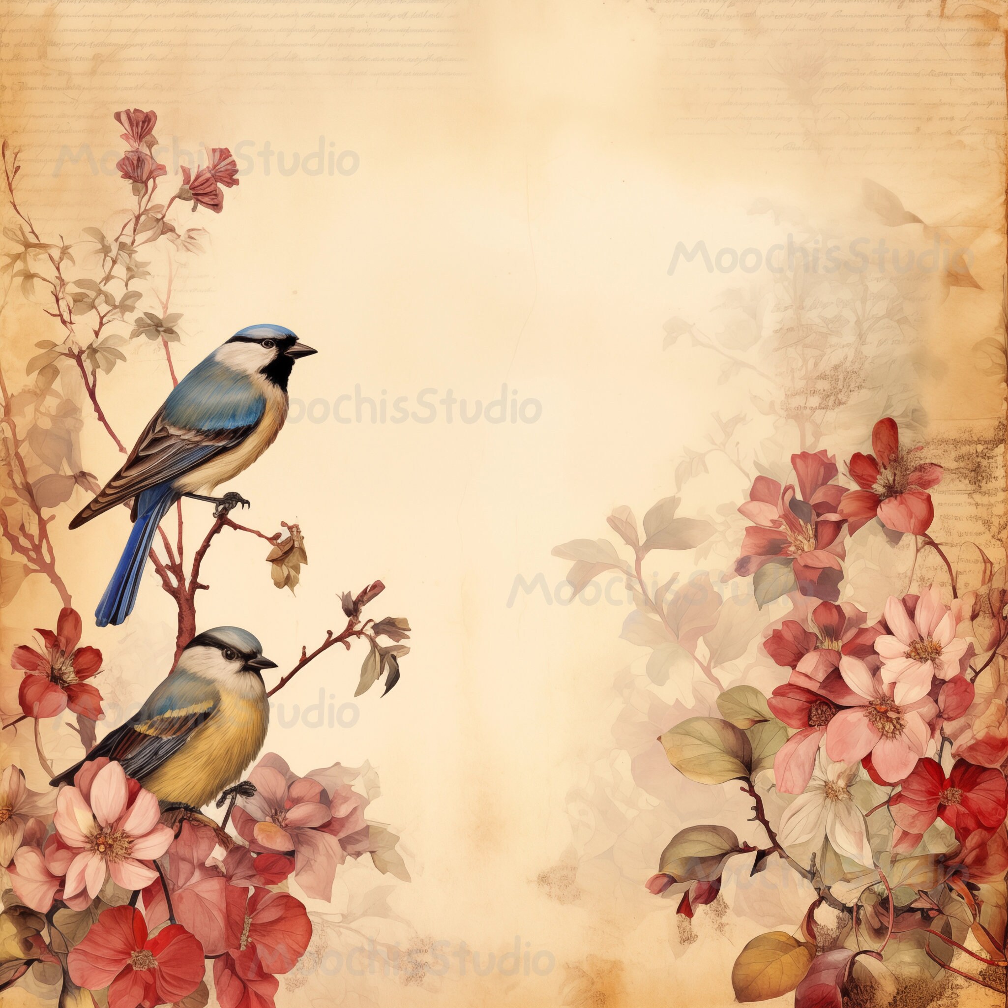Birds Old Vintage Papers Flying Trees Branches Digital Printable ...