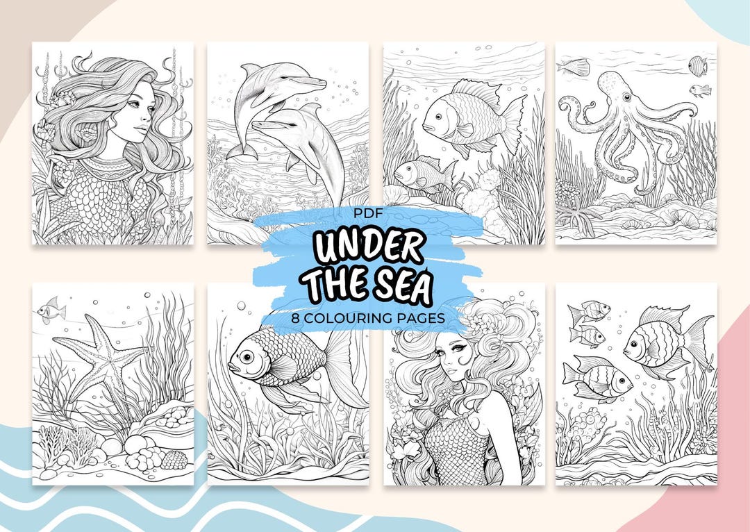 Under the Sea Coloring Book Little Mermaid Fish Starfish Dolphins Coral ...