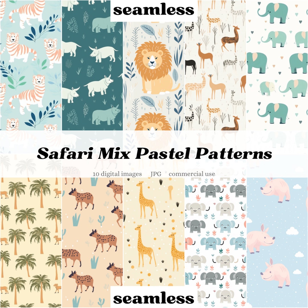 Safari Animals Mix Pastel Patterns Bundle Seamless Digital Print ...