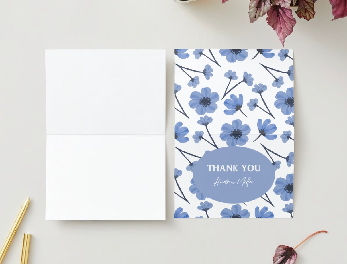Blue Flower Thank You Card, Personalized With Name, Folded Card ...
