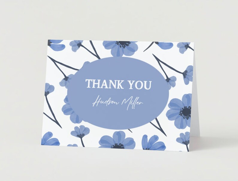 Blue Flower Thank You Card, Personalized With Name, Folded Card ...