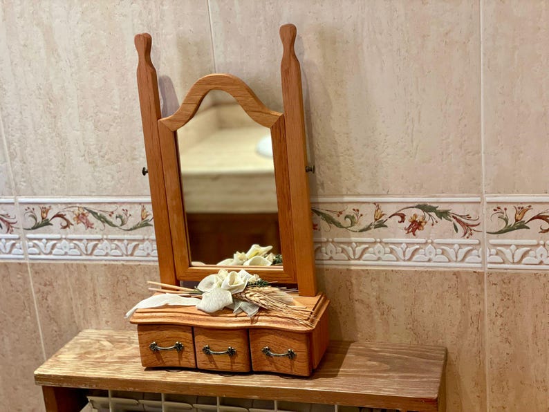Wooden Vanity Stand With Swivel Mirror. Makeup Organizer. Wooden ...