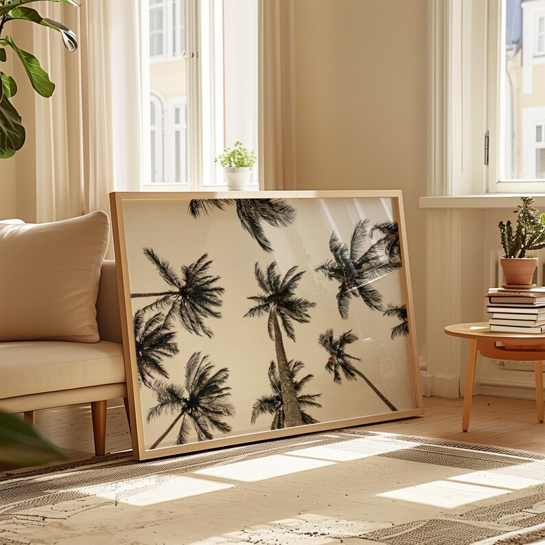Neutral Palm Tree Print: Coastal Black and White Photography (digital ...