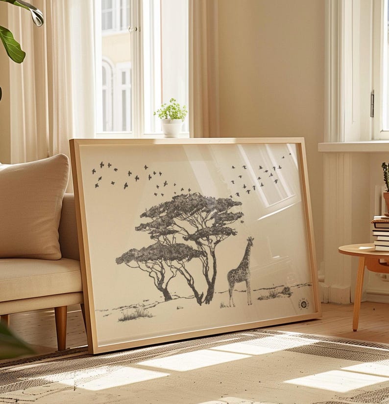 African Wildlife Wall Art PRINTABLE Giraffe Sketch Modern Safari Decor ...