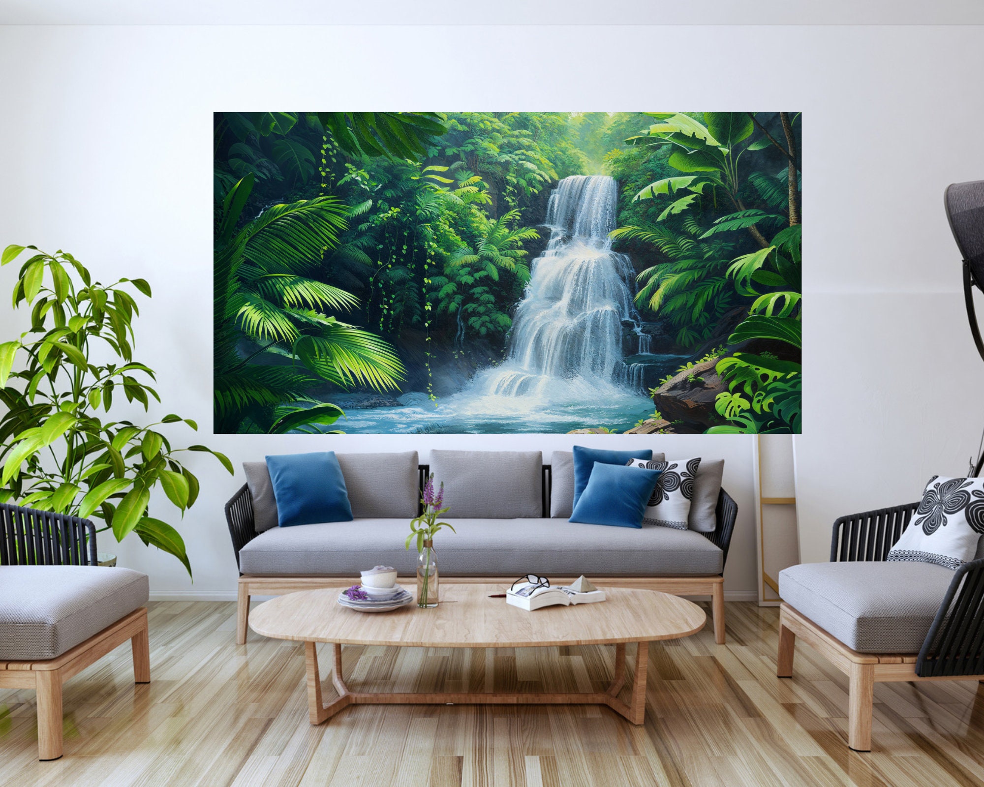 Forest Waterfall Canvas Wall Art Design, Waterfall Poster Print Decor ...