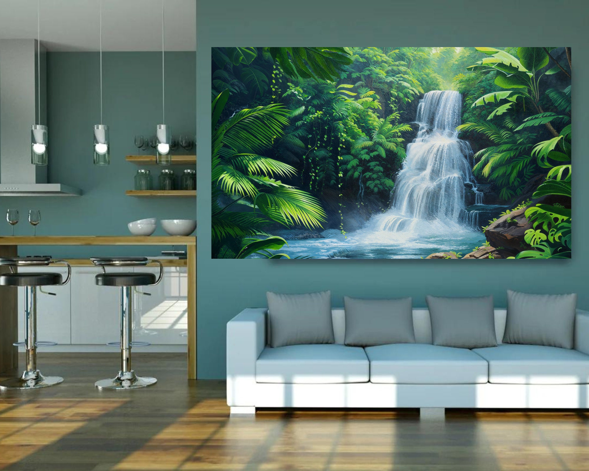 Forest Waterfall Canvas Wall Art Design, Waterfall Poster Print Decor ...
