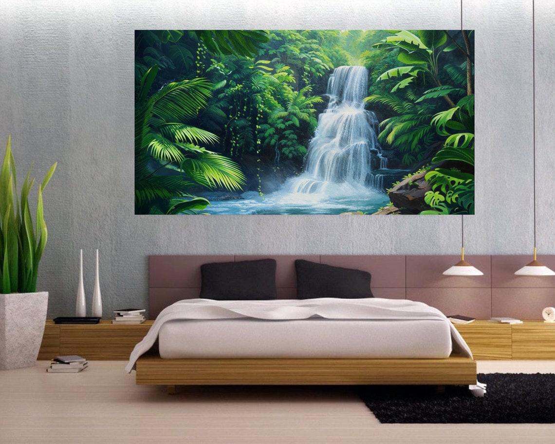 Forest Waterfall Canvas Wall Art Design, Waterfall Poster Print Decor ...