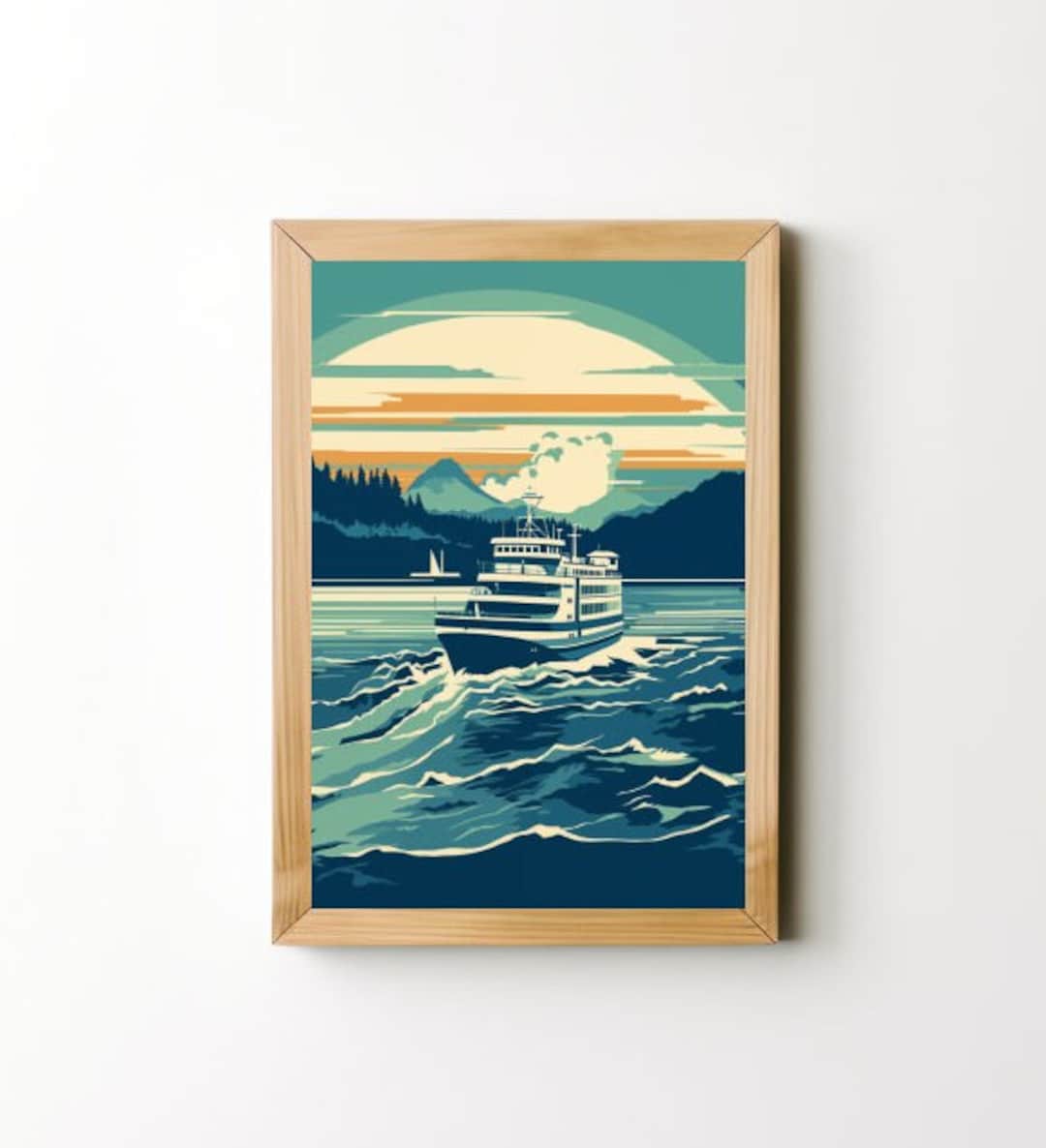 Ferry Boat Art Print Digital Art Download Woodblock Style Art Print ...