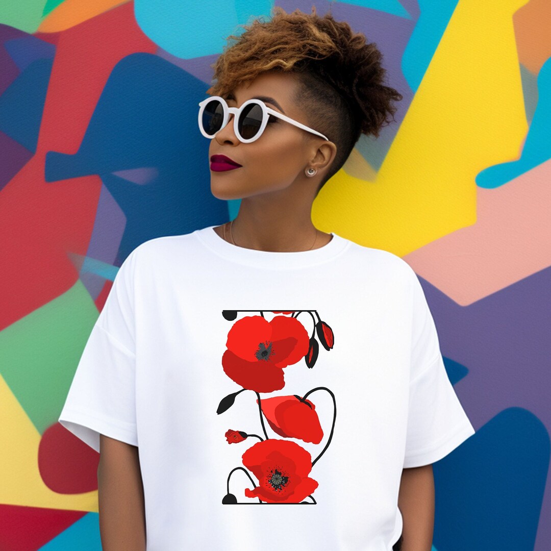 Poppy Floral T-shirt, Red and Black Flower Shirt Gift for Mom, Gardener ...