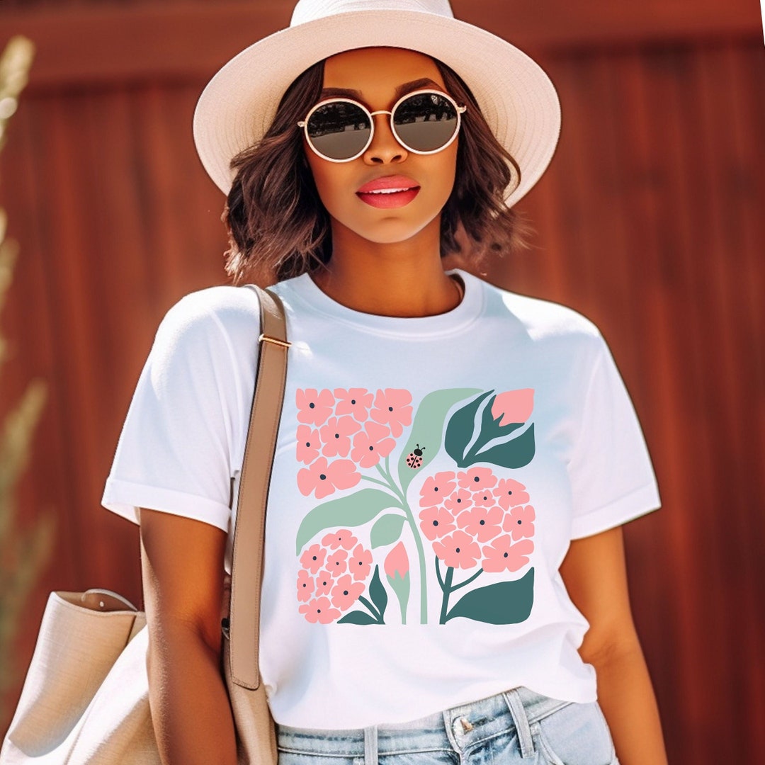 Hydrangea Floral T Shirt With Ladybug For Flower Lover Gardener Or Anyone Who Loves A Stunning