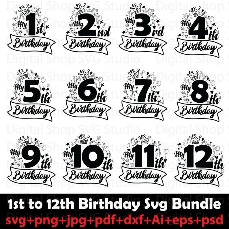 Birthday SVG Bundle: 1st-12th Birthday Designs (digital Files) - Etsy