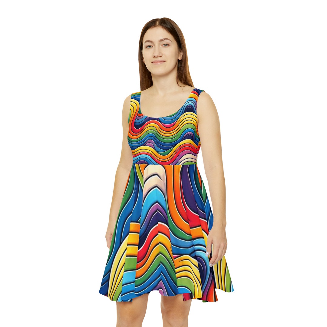 Wavy Rainbow Skater Dress Colorful Wavy Rainbow Dress Flowy Festival ...
