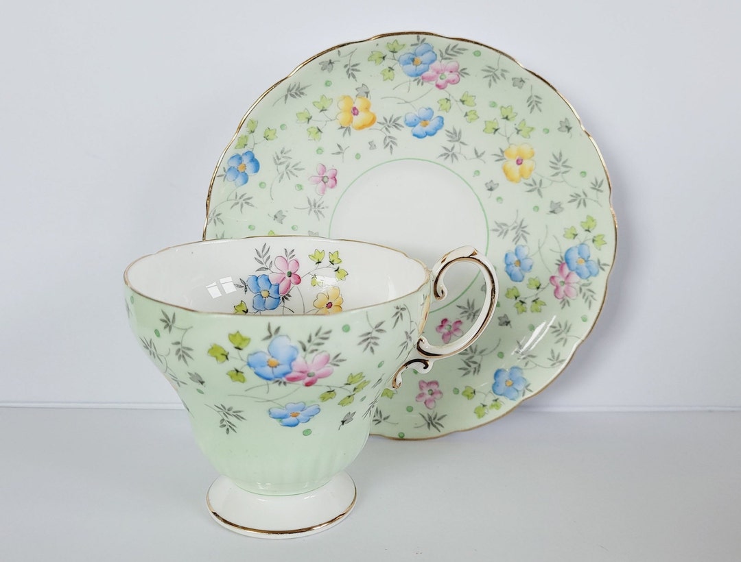 EB Foley Green Floral Chintz Teacup and Saucer Set, Made in England, C ...