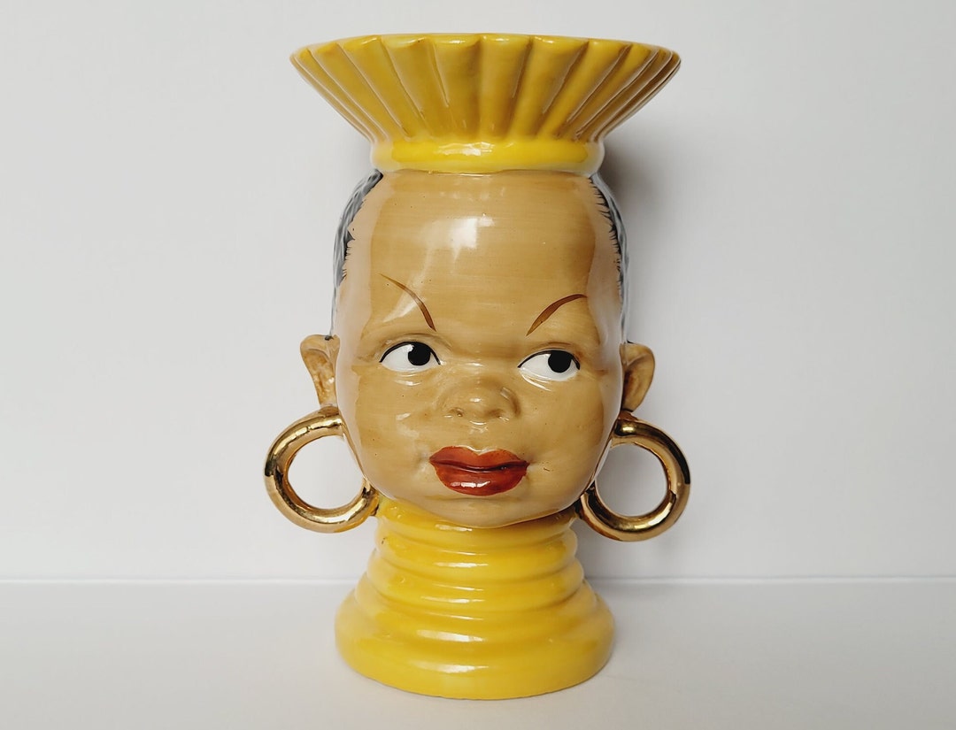Vintage Shafford African Lady Head Vase With Yellow Garb and Gold ...