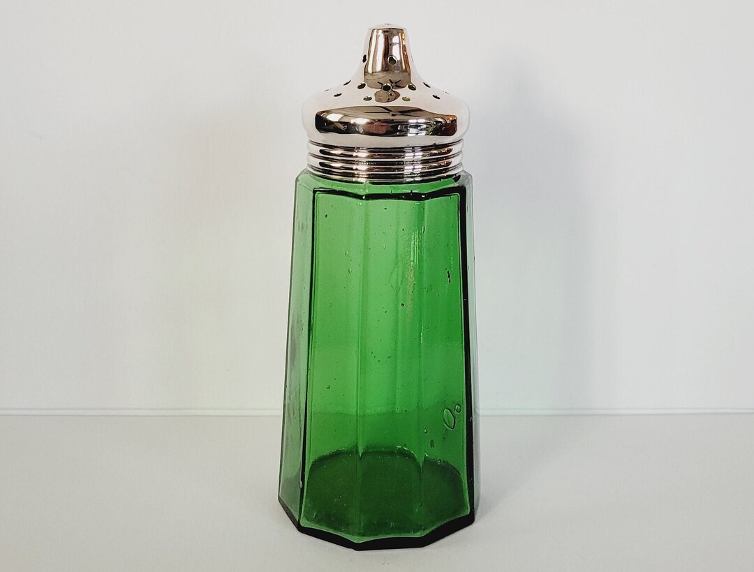 Vintage 10-paneled Green Glass Sugar Shaker, Muffineer, With Silver ...