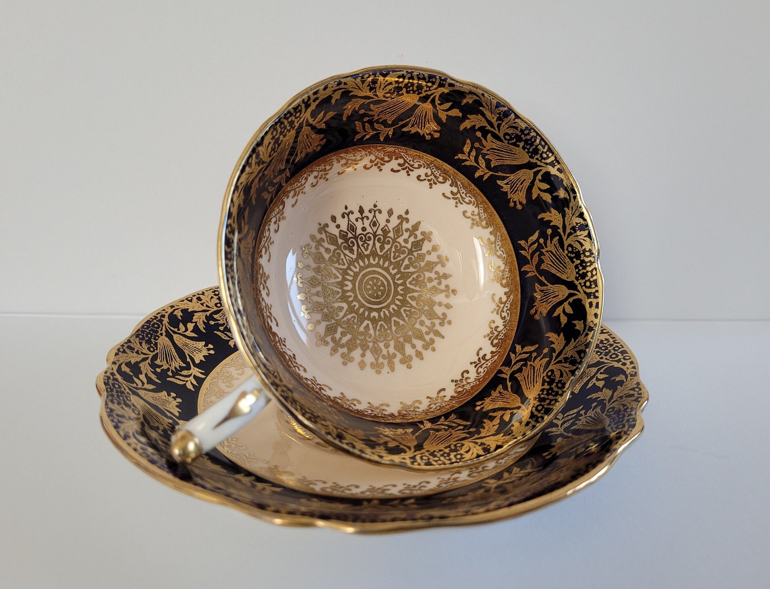 PARAGON Double Warrant Pale Peach and Cobalt Blue Teacup and Saucer Set ...