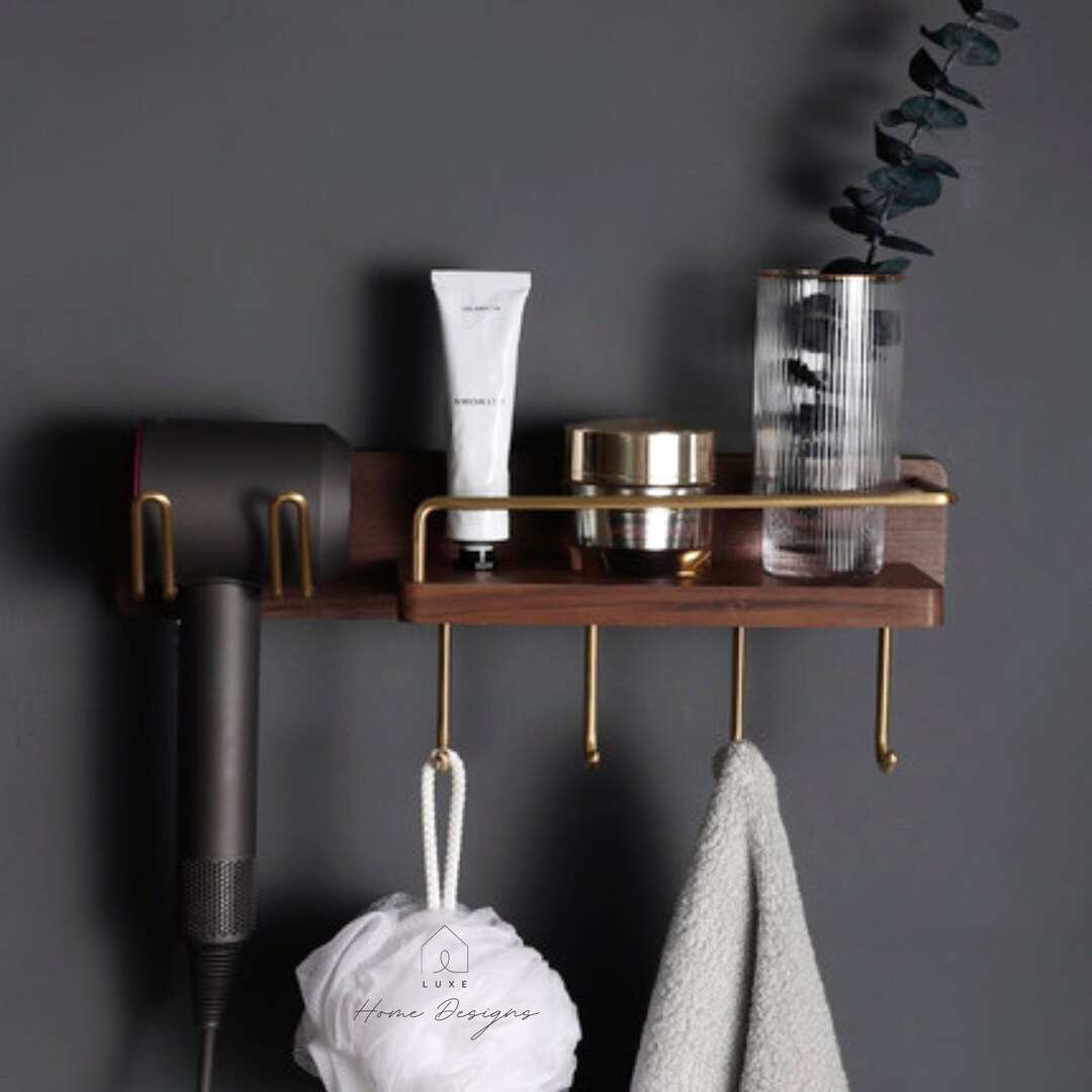 Wall-mount Dyson Hair Dryer Holder Shelf With Hooks, Bathroom Organizer ...