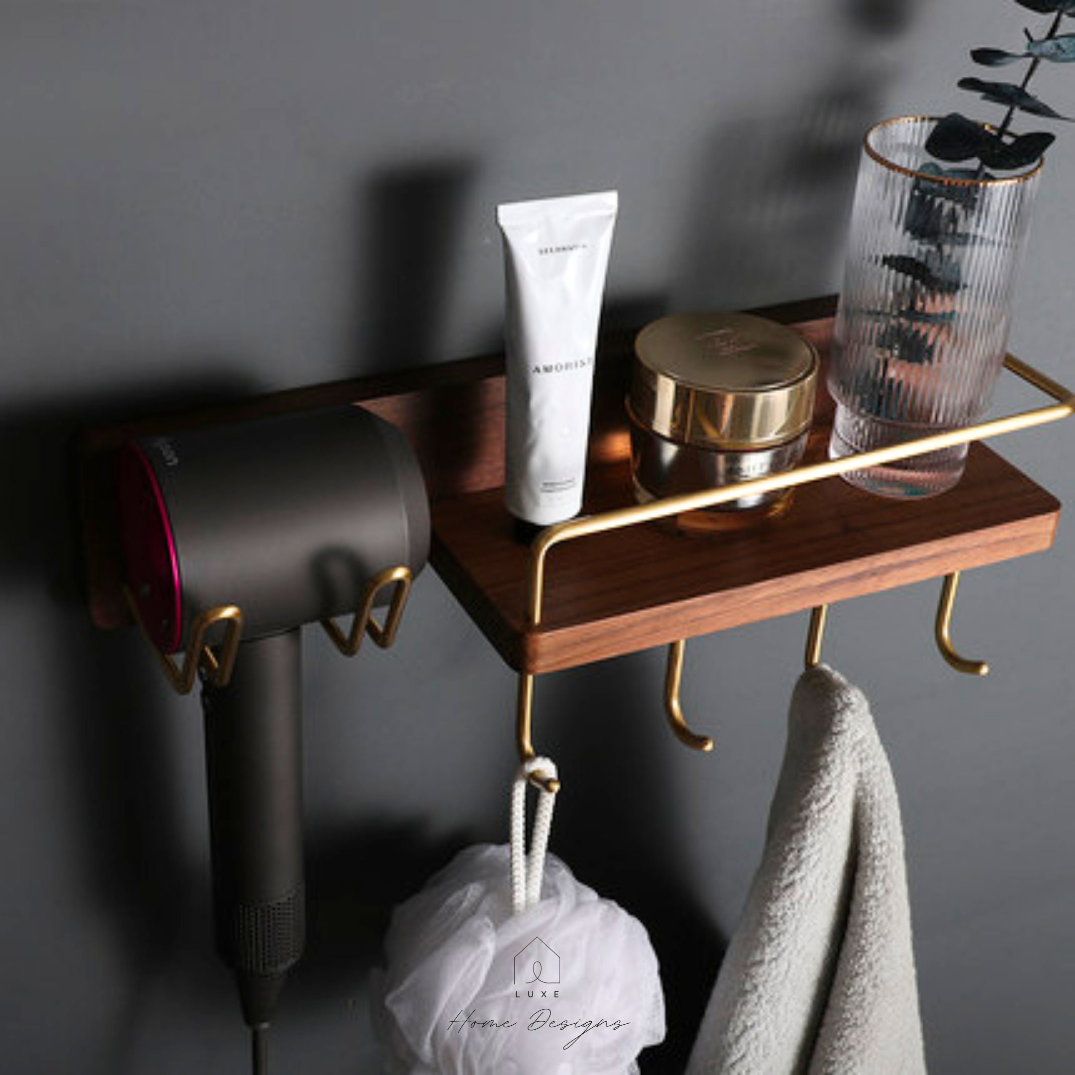 Wall-mount Dyson Hair Dryer Holder Shelf With Hooks, Bathroom Organizer ...