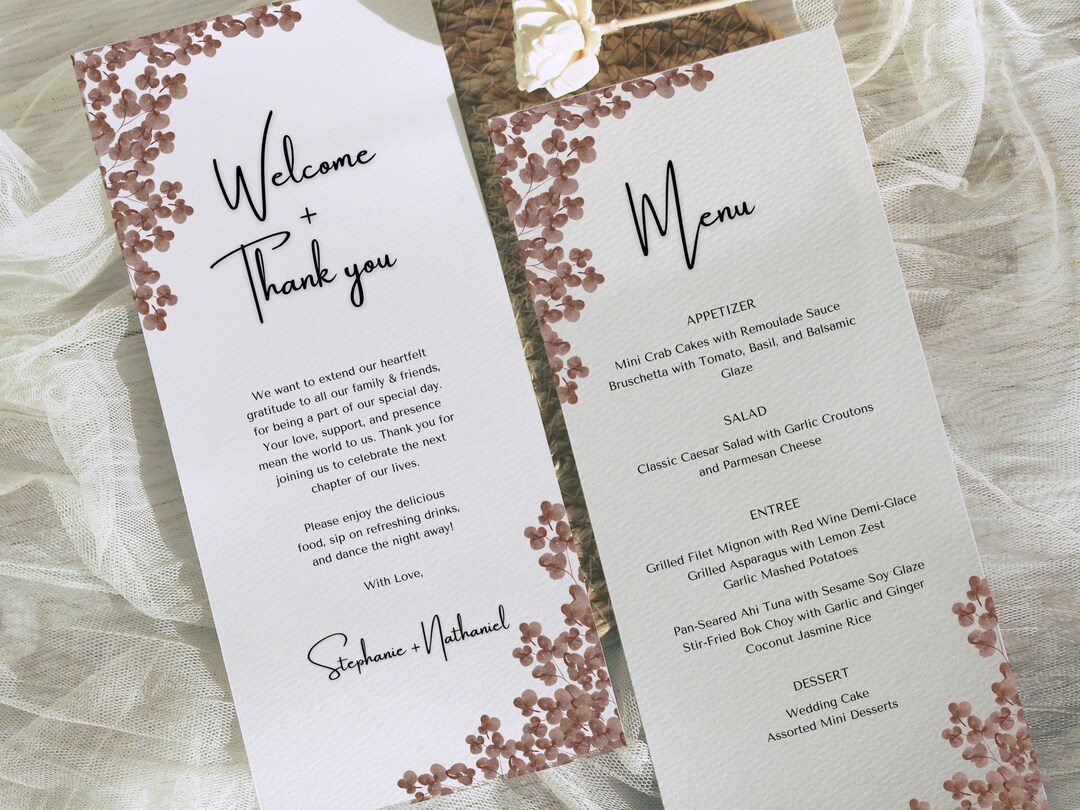 Boho Wedding Thank You & Menu Place Cards, Printable Thank You Card ...